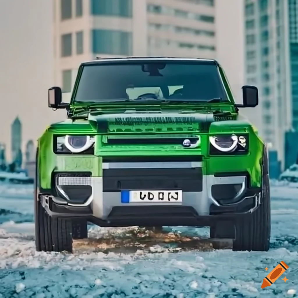 Electric green new land rover defender 90 cruising through a snowy city ...