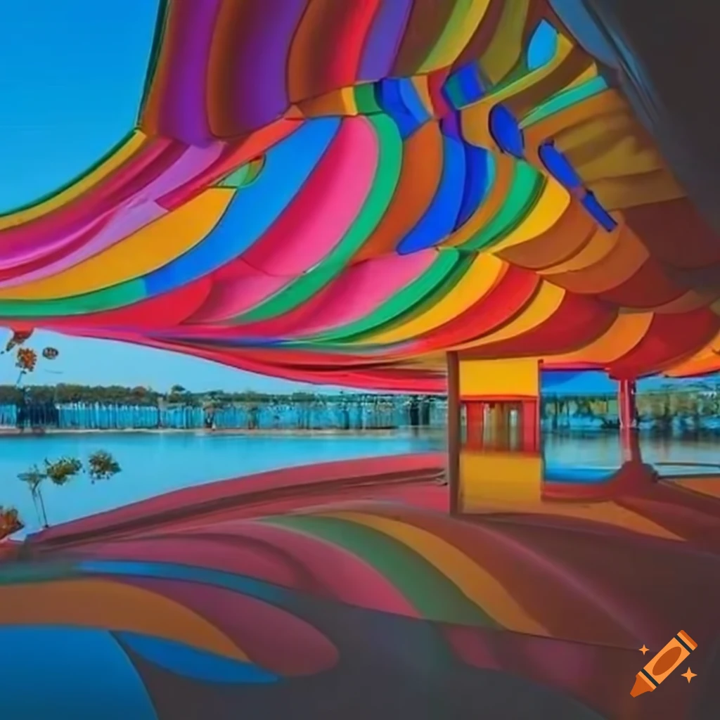 Vibrant colors on a pavilion surrounded by abstract design and water on ...