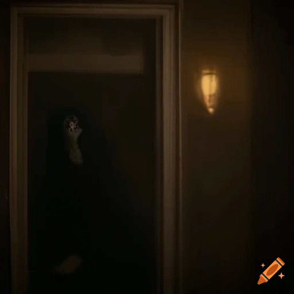 Spooky room with ghostly figure waving goodbye at night on Craiyon