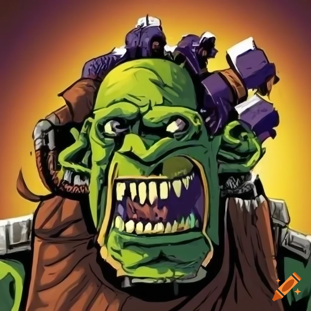 Close-up of grinning 40k ork mek in vector art style on Craiyon