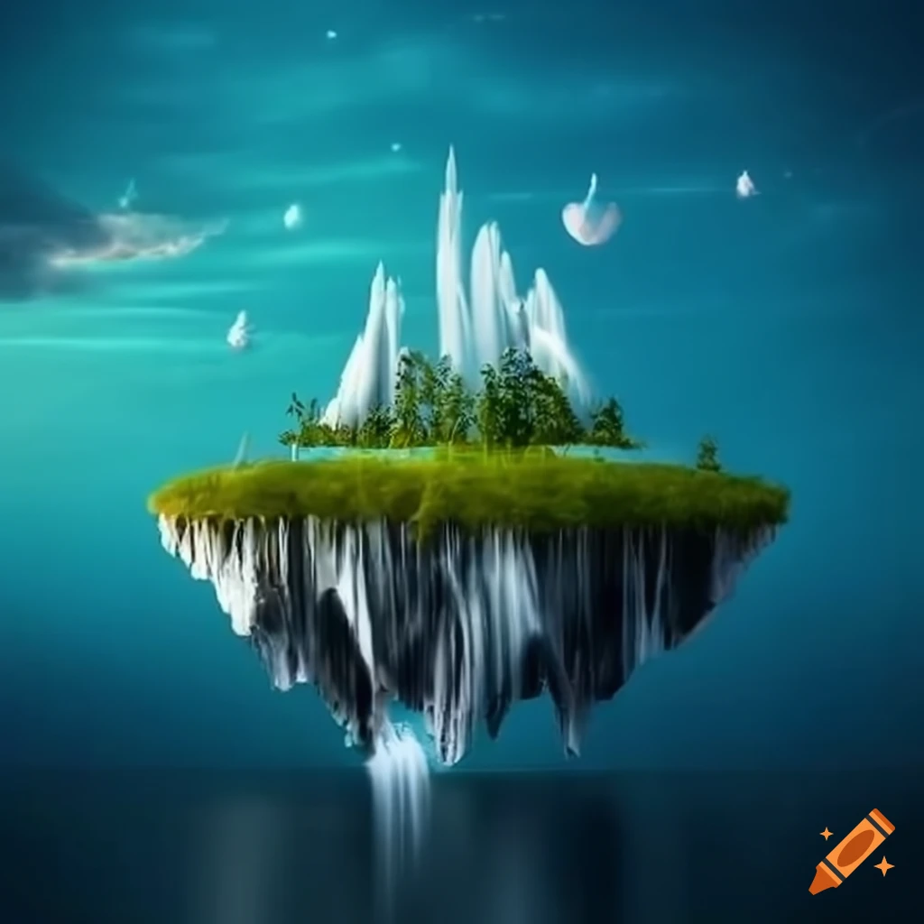 Surreal landscape with floating islands and upward waterfalls on Craiyon