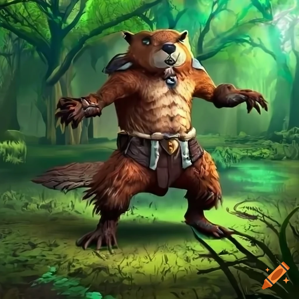 3d anime friendly massive warrior beaver character in a mystical forest ...