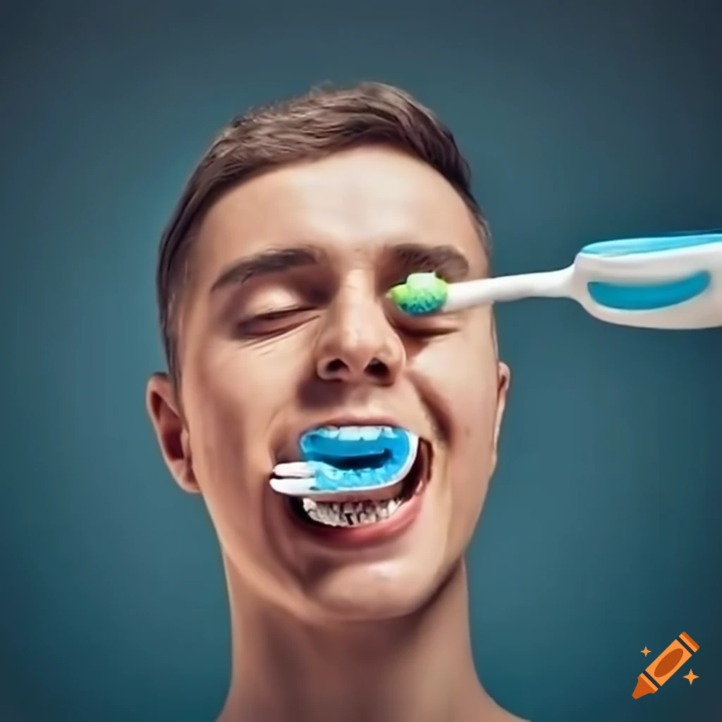 Man cleaning teeth with four toothbrushes simultaneously on Craiyon