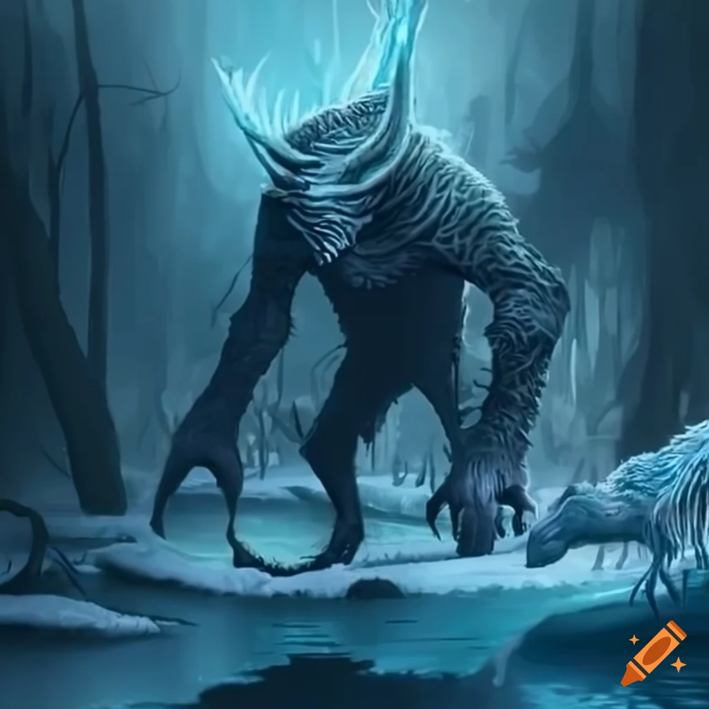 Fantasy world of ice, snow, and ice-bound creatures on Craiyon