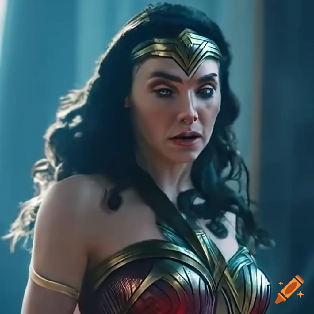 Wonder Woman in a battered state displaying a dizzy expression on Craiyon