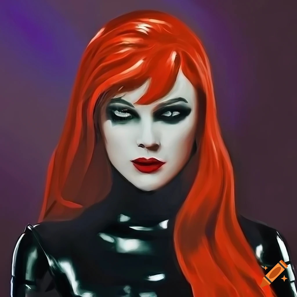 Latex knight mary jane watson standing guard with vibrant orange-red ...