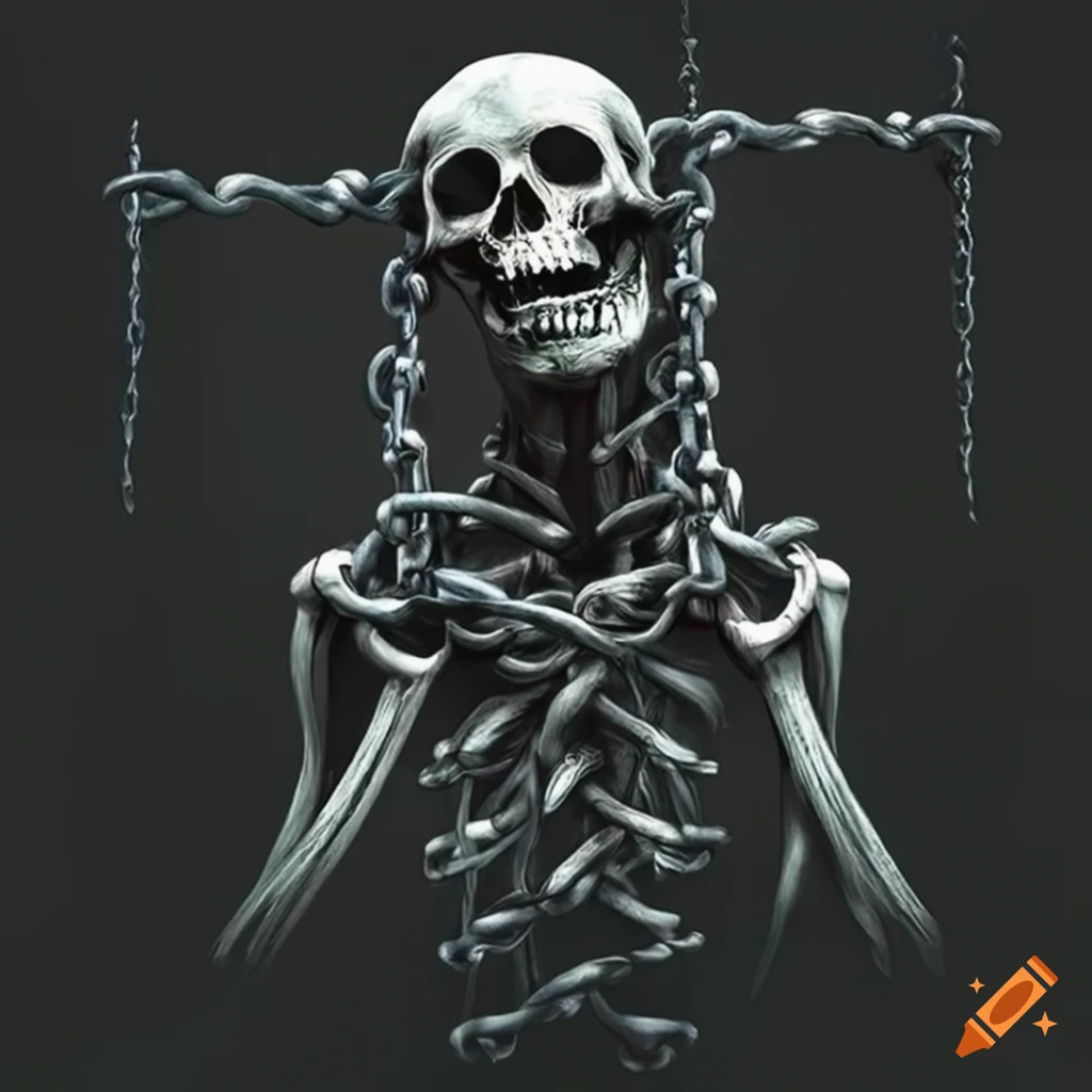 Gothic wallpaper with skeleton, chains, and barbed wire in a ...