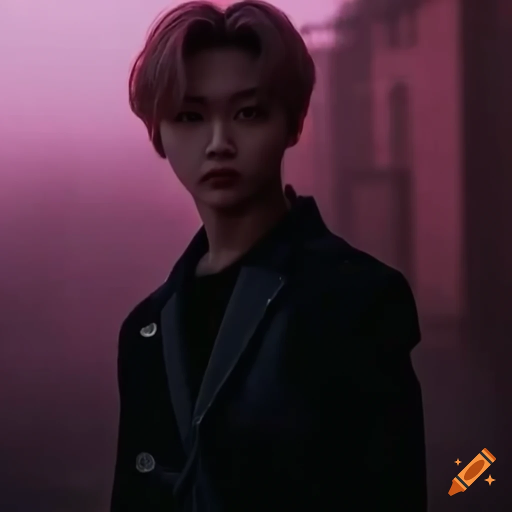 Lee felix from stray kids in front of a foggy amusement park on Craiyon