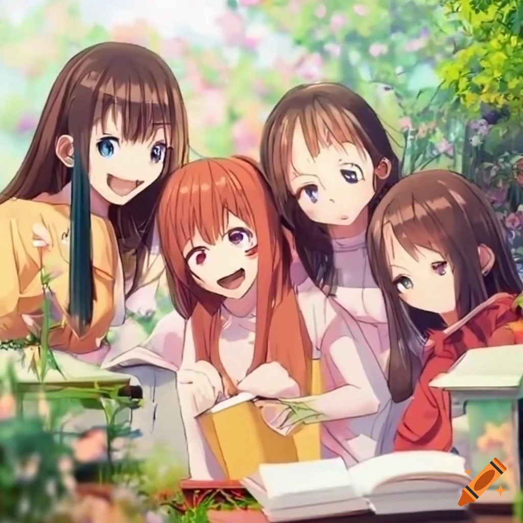 Cheerful group of anime girls studying together at a flower-filled ...