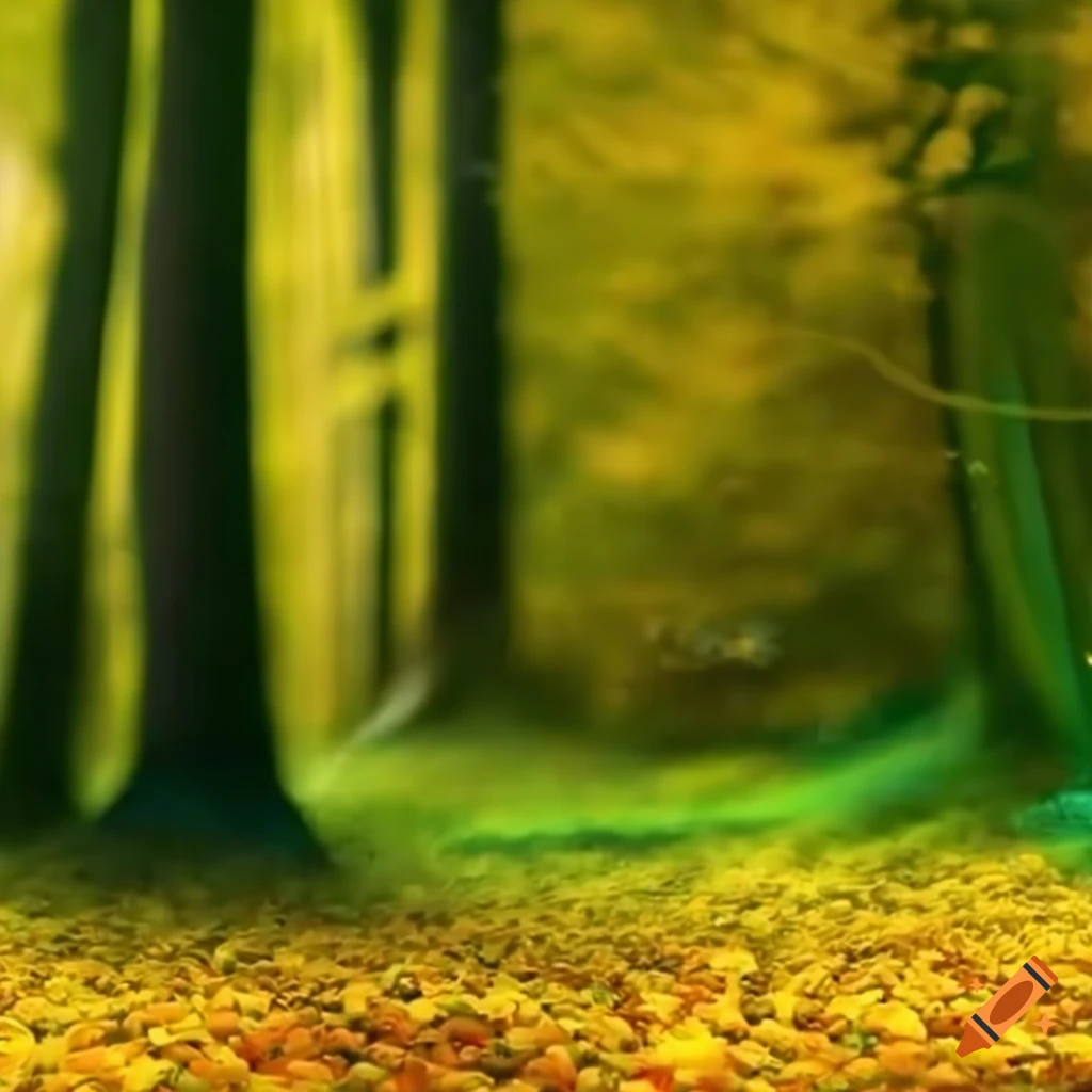 Bright enchanted green magical forest with golden foliage on the ground ...