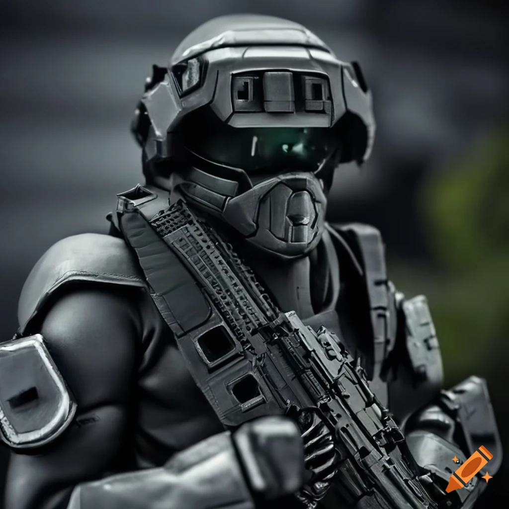 Futuristic army soldier in black cosplay carrying M4 rifle on Craiyon