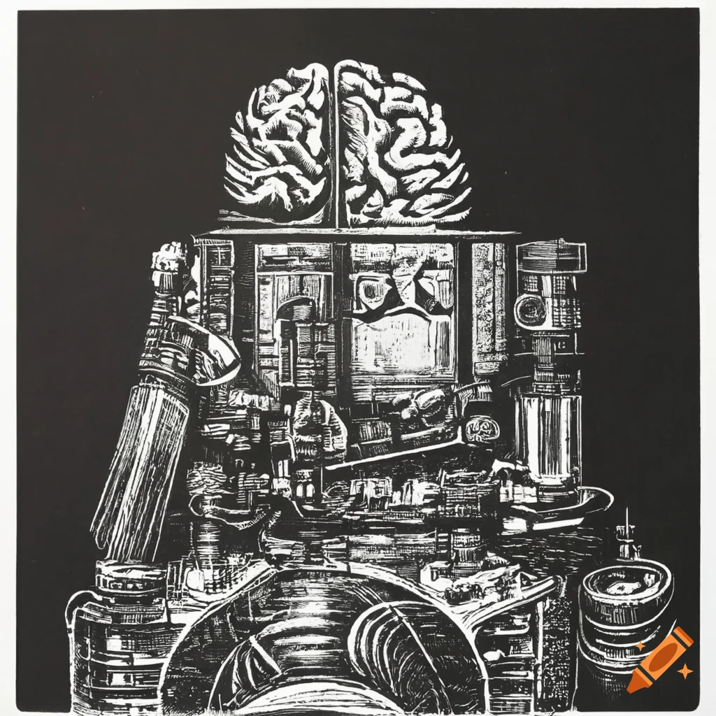 Black and white woodcut print of 70s science fiction art depicting ...