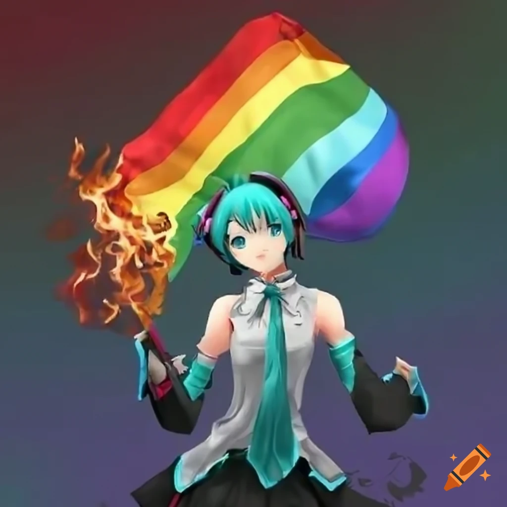 Colorful depiction of hatsune miku with a rainbow flag on Craiyon