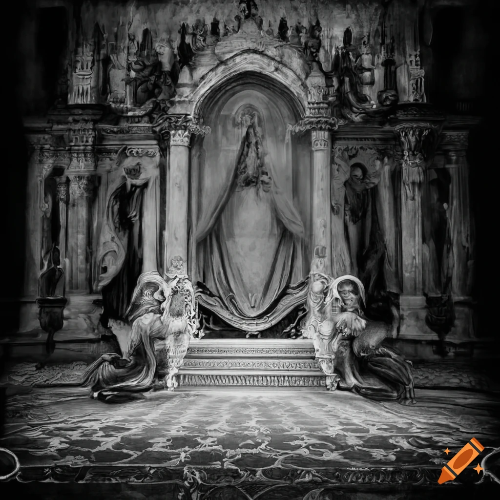 Witches hill with empty throne and fallen angels in detailed black and ...