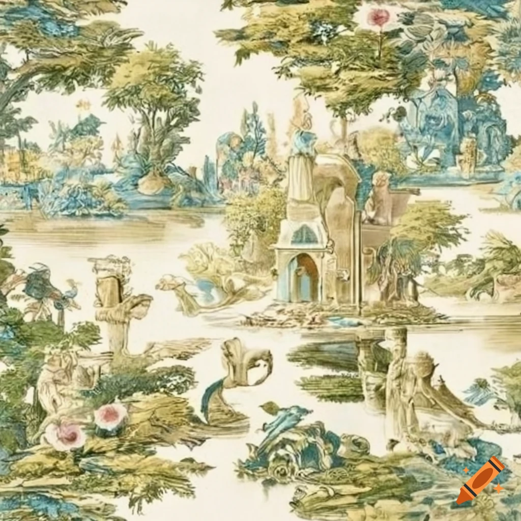 French toile wallpaper depicting a garden of earthly delights on Craiyon