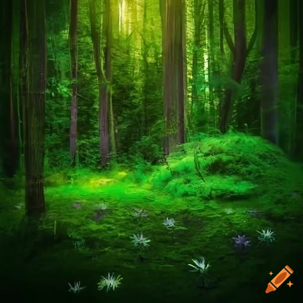 Bright enchanted green magical forest with starflowers on the ground on ...