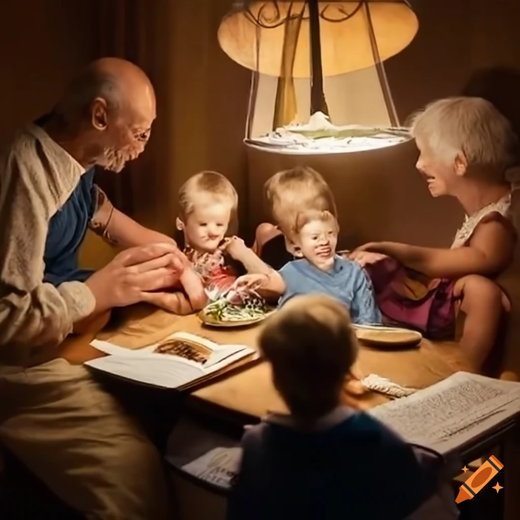 Family gathering with elders teaching bible to kids on Craiyon