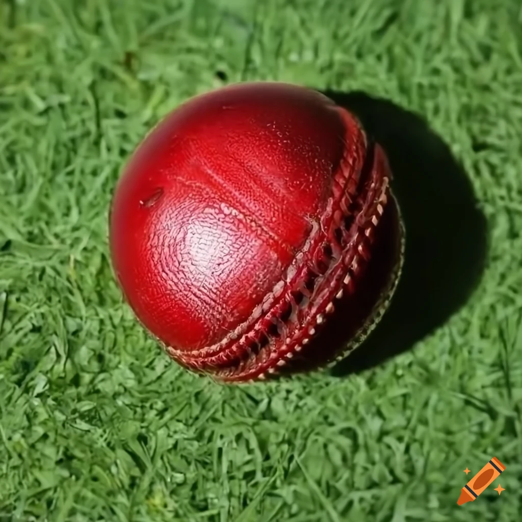 Red cricket ball on grassy pitch on Craiyon