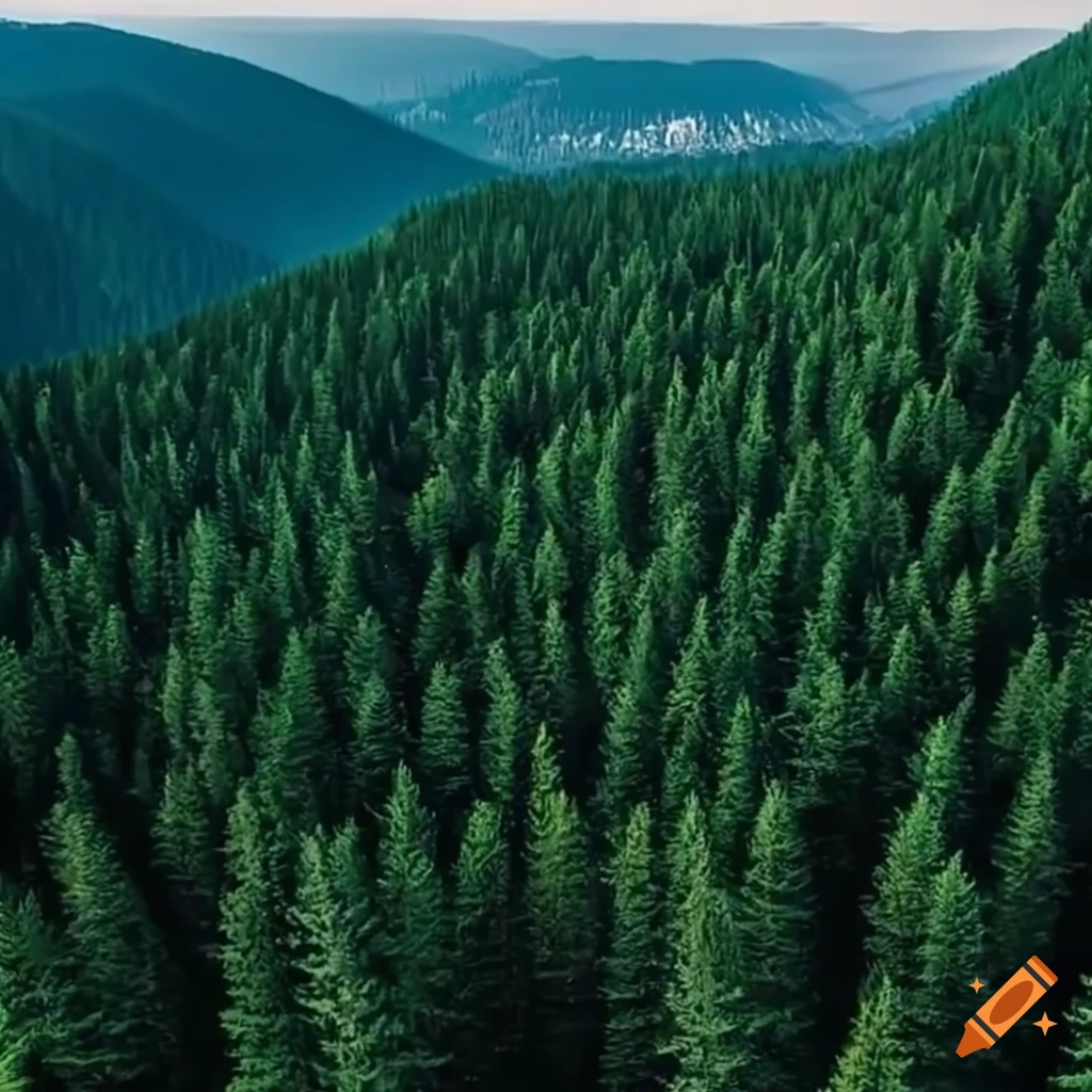 Aerial view of lush coniferous forest on Craiyon