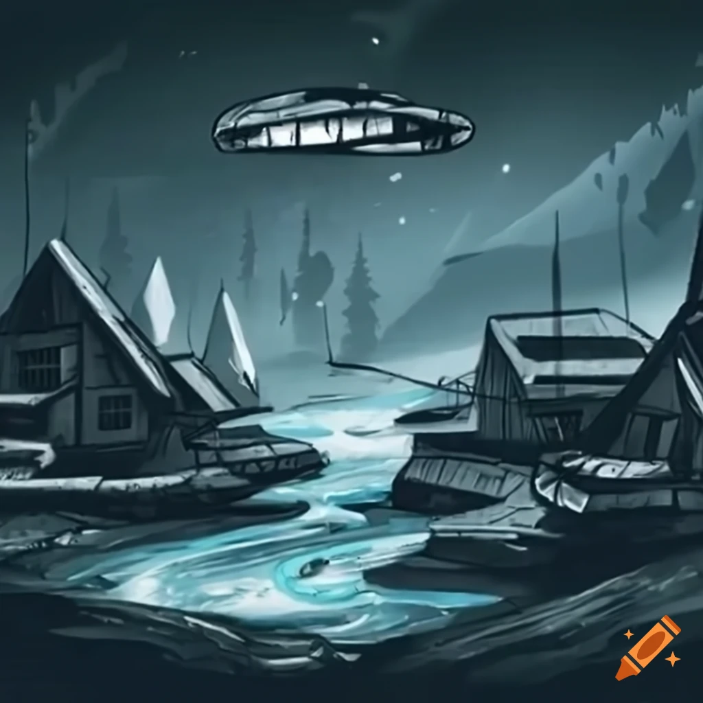 Futuristic spaceship above a destroyed village in a chilly forest with ...