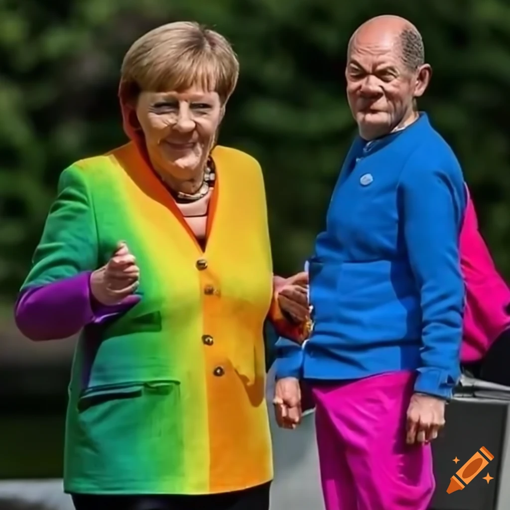 Olaf Scholz and Angela Merkel jogging in rainbow tracksuits on Craiyon