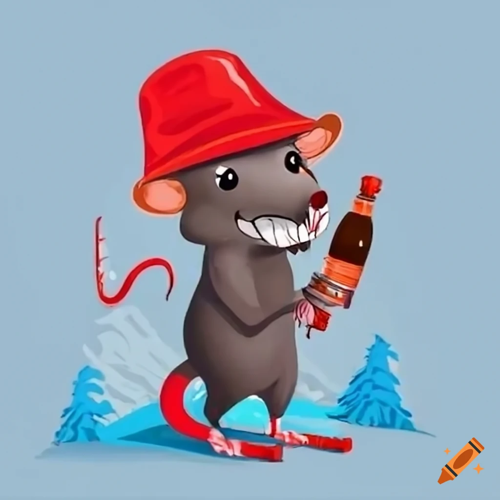 Rat with red bucket hat skiing with vodka bottle on Craiyon