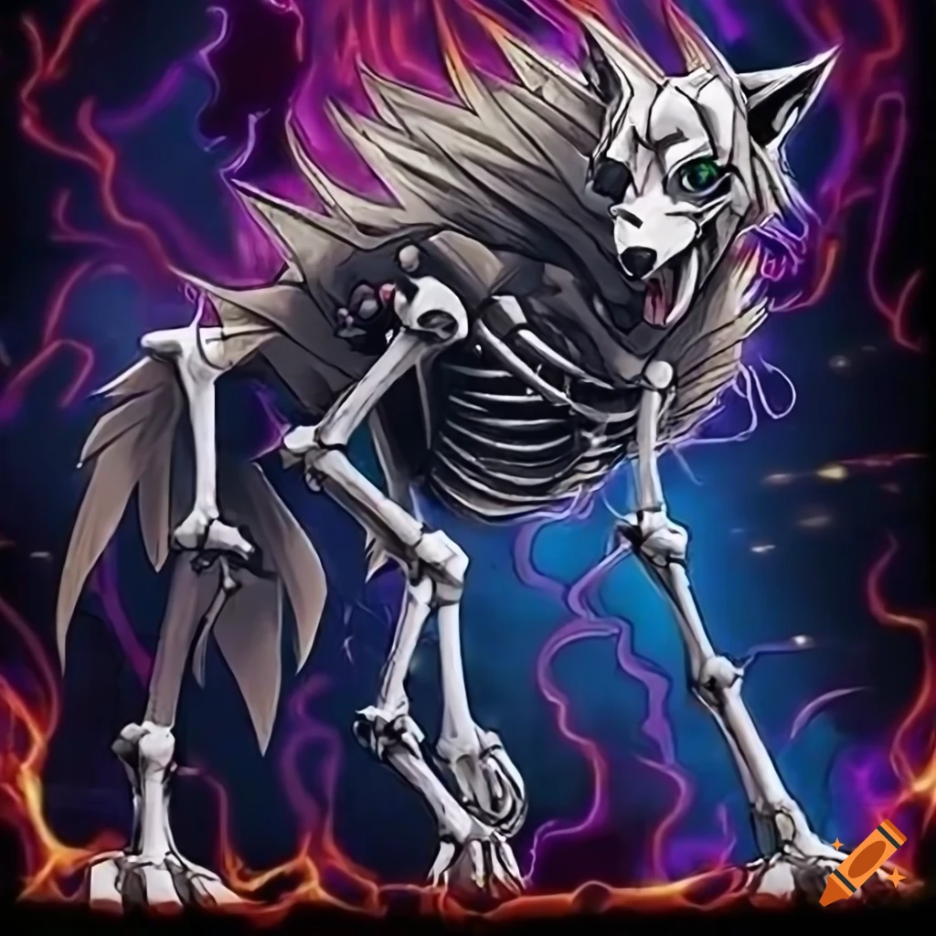 Flaming skeleton wolf Yu-Gi-Oh card artwork on Craiyon