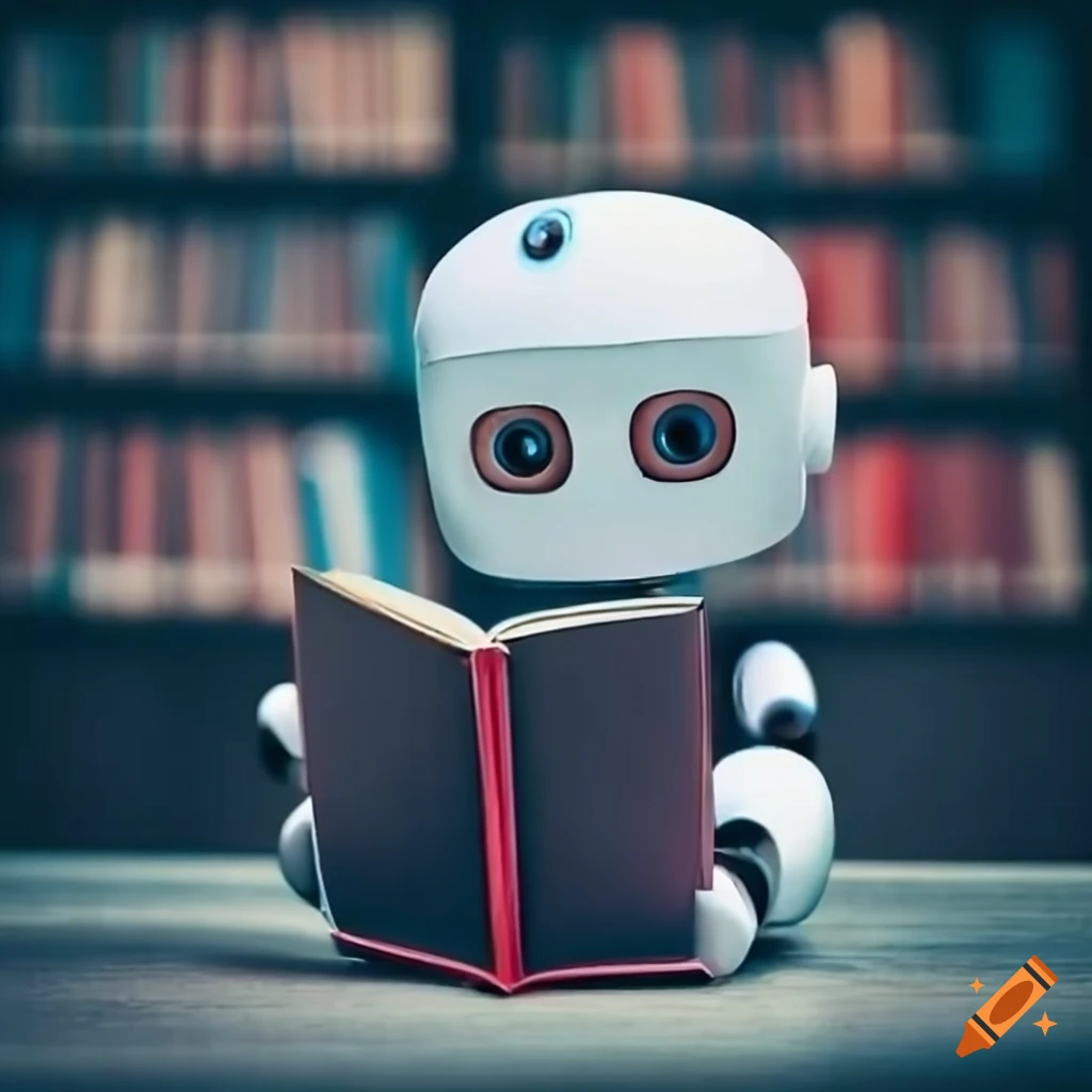 Adorable tiny robot reading in a peaceful library on Craiyon