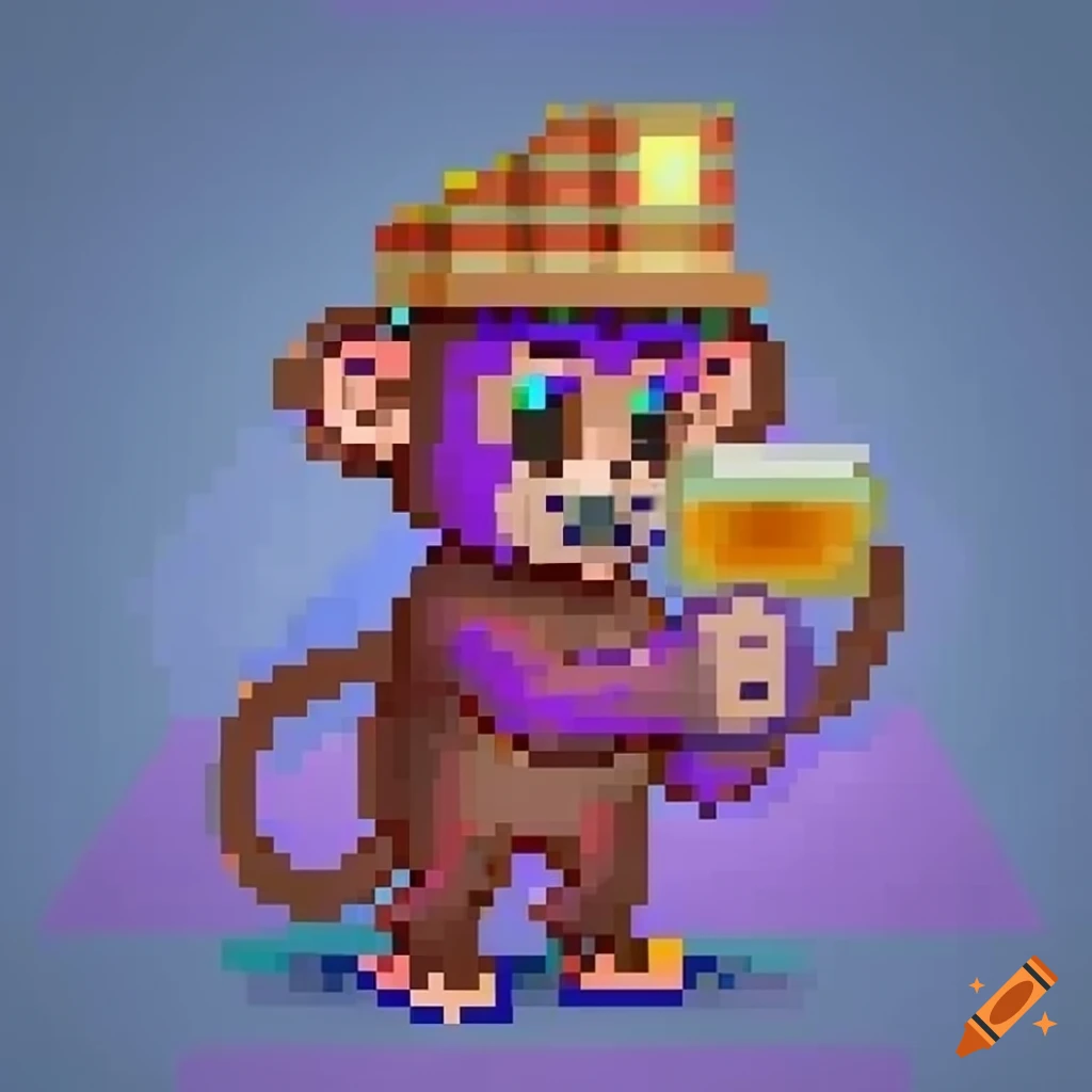 Pixelated side profile of a cartoon monkey wearing a stylish purple hat ...