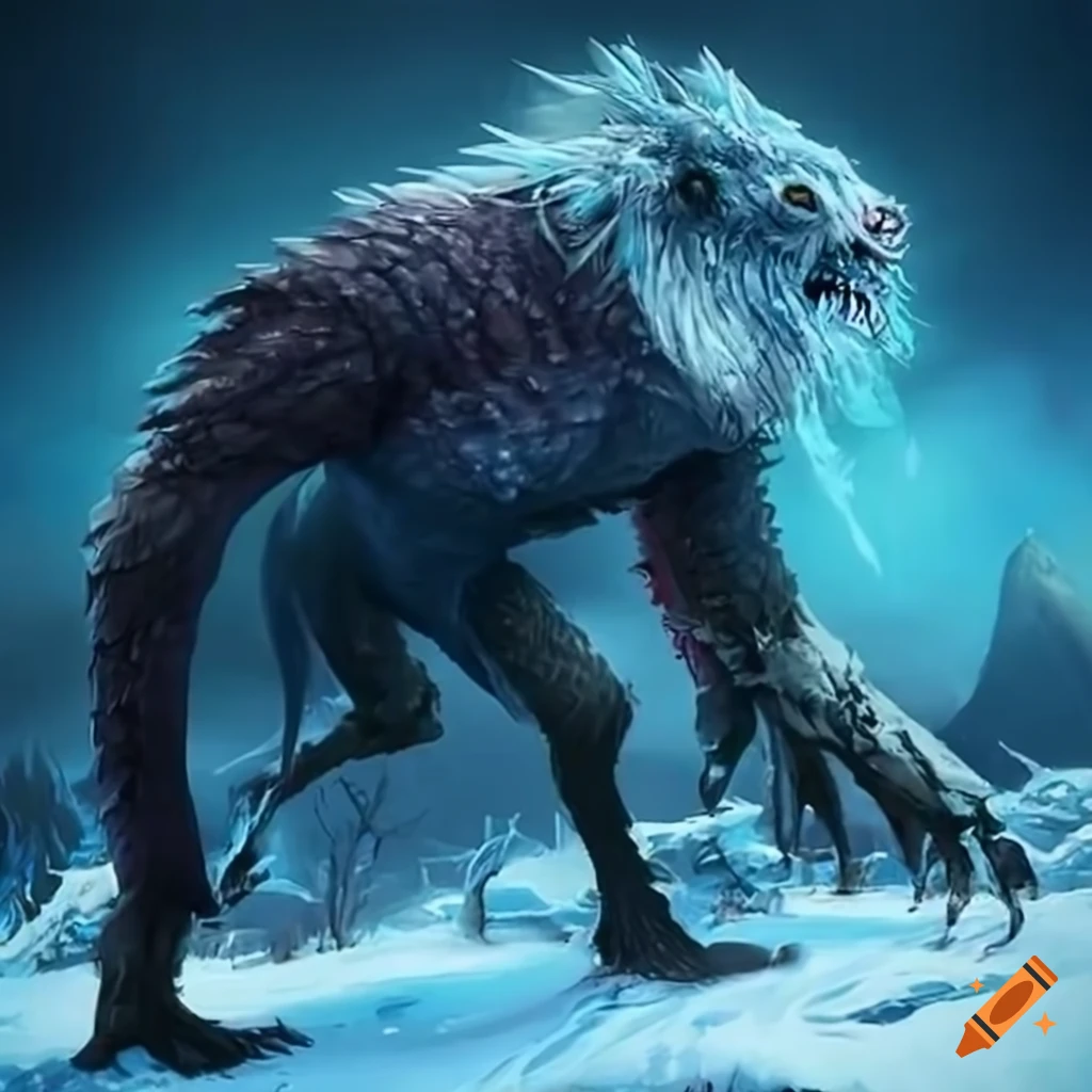Fantasy world of ice, snow, and ice-bound creatures on Craiyon