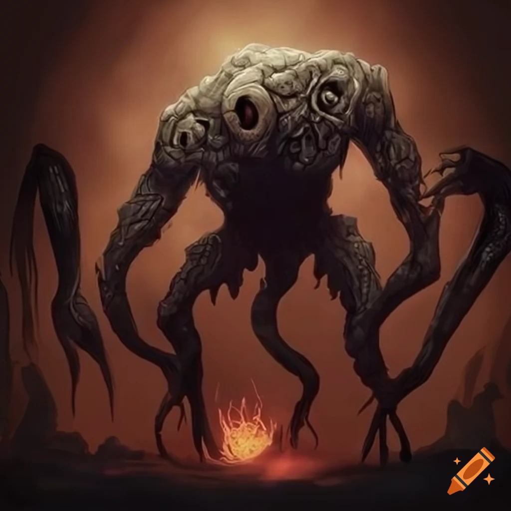 Unique digital art of a dark epic fantasy golem in lovecraftian style on Craiyon