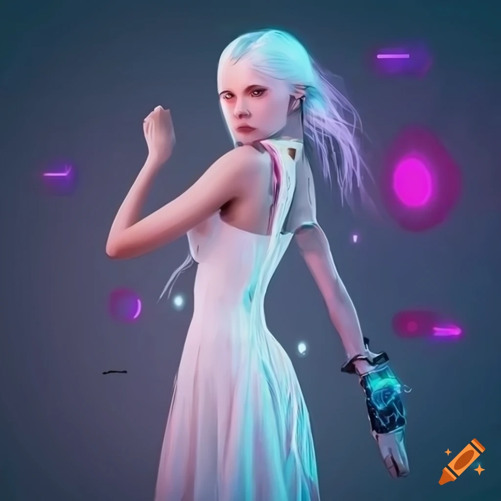 Girl with white hair and white sundress in a cyberpunk universe on Craiyon