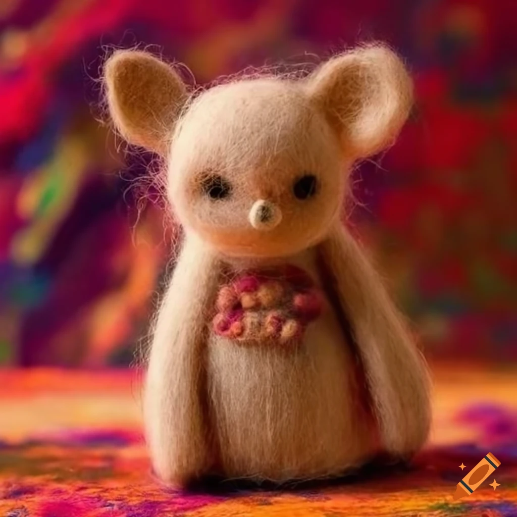 Felted wool creatures in colorful textured background on Craiyon