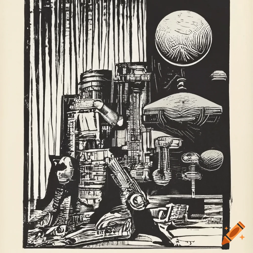 70s science fiction woodcut print showing android in a liquid tank on ...