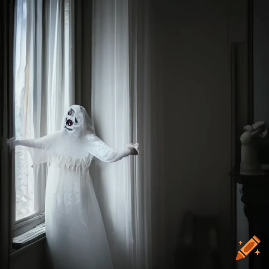 Ghostly woman screaming in a bedroom with a big window on Craiyon