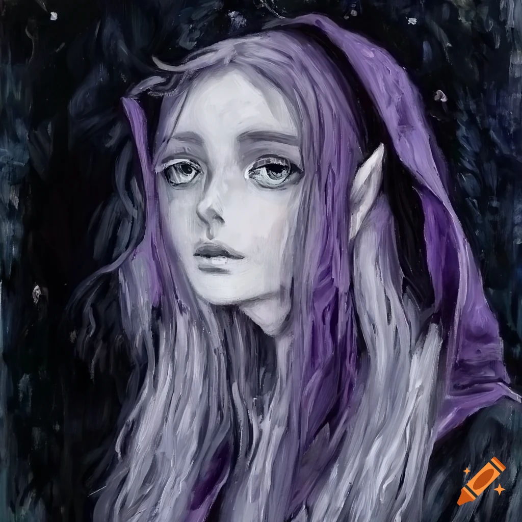Portrait of a moon elf with long braided purple hair in impressionist ...