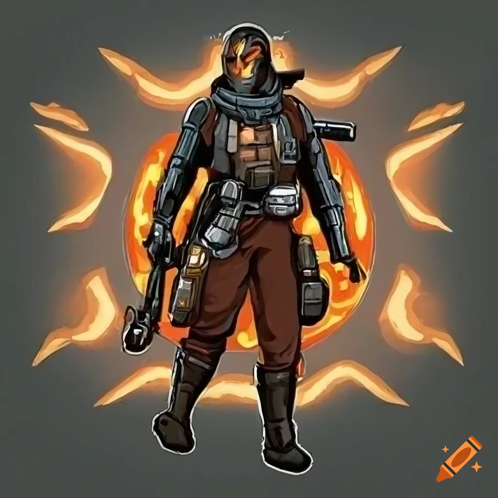 Science fiction mercenary in a fiery wilderness background on Craiyon