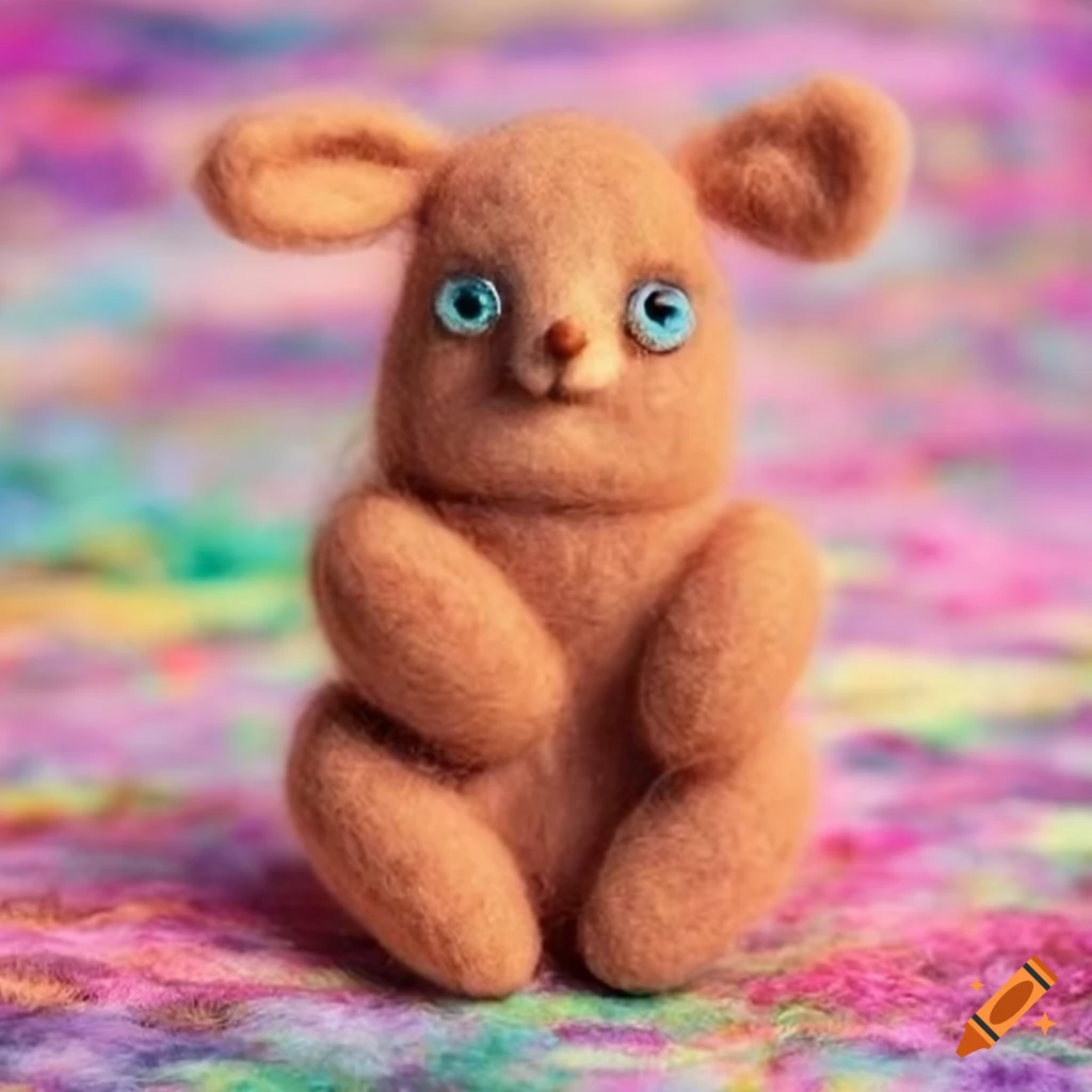 Felted wool creatures wearing clothing on colorful textured background ...