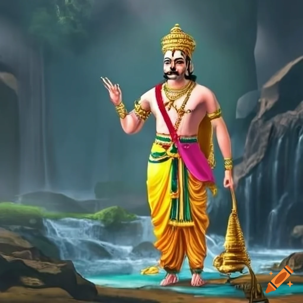 Tamil king standing near a waterfall on Craiyon