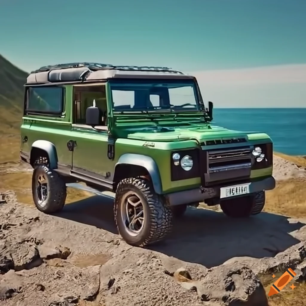 Electric green land rover defender 90 navigating rugged mountain ...