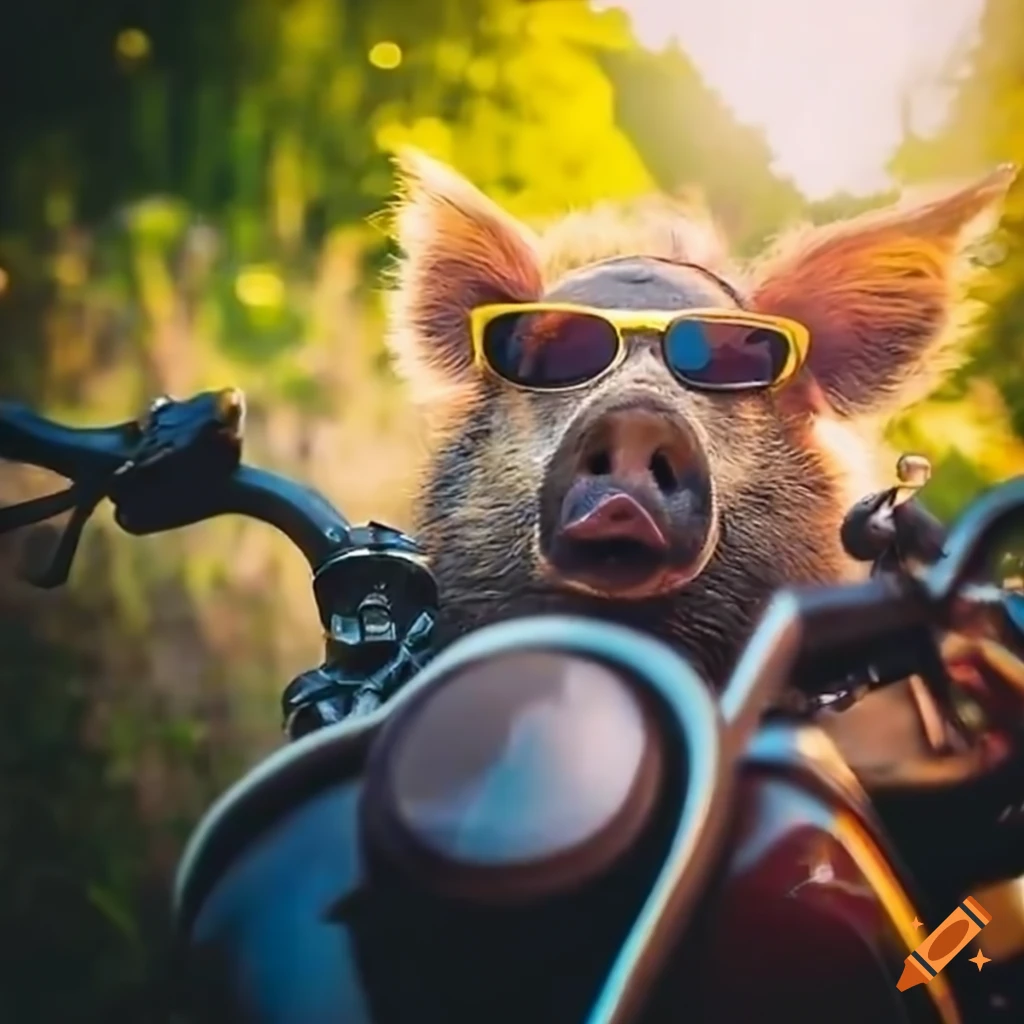 Wild pig riding a motorcycle with sunglasses on Craiyon