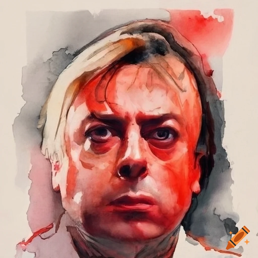 Christopher hitchens portrait in bright red and black watercolor on Craiyon
