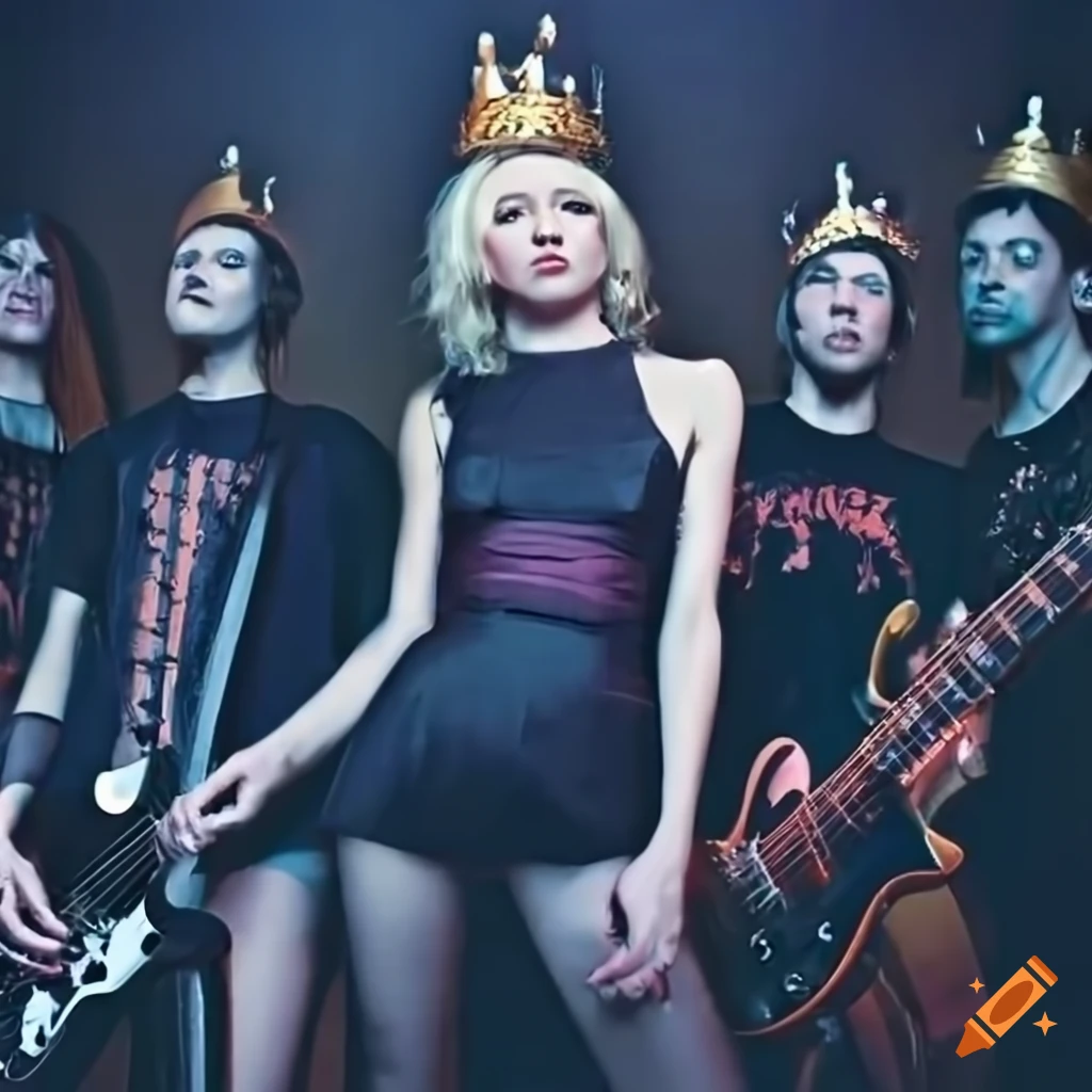 Rock band performing with female singer wearing a crown on Craiyon