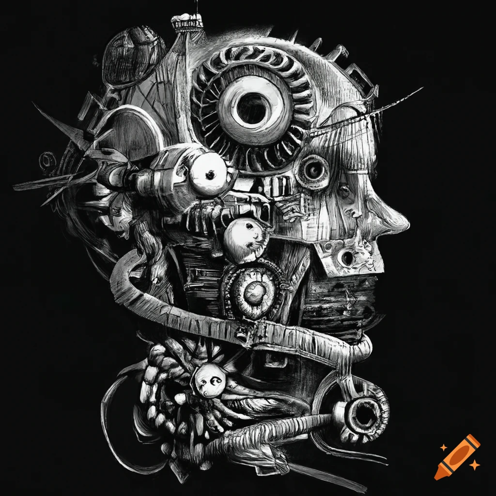 Technical surrealism, mechanical surrealism in black on Craiyon