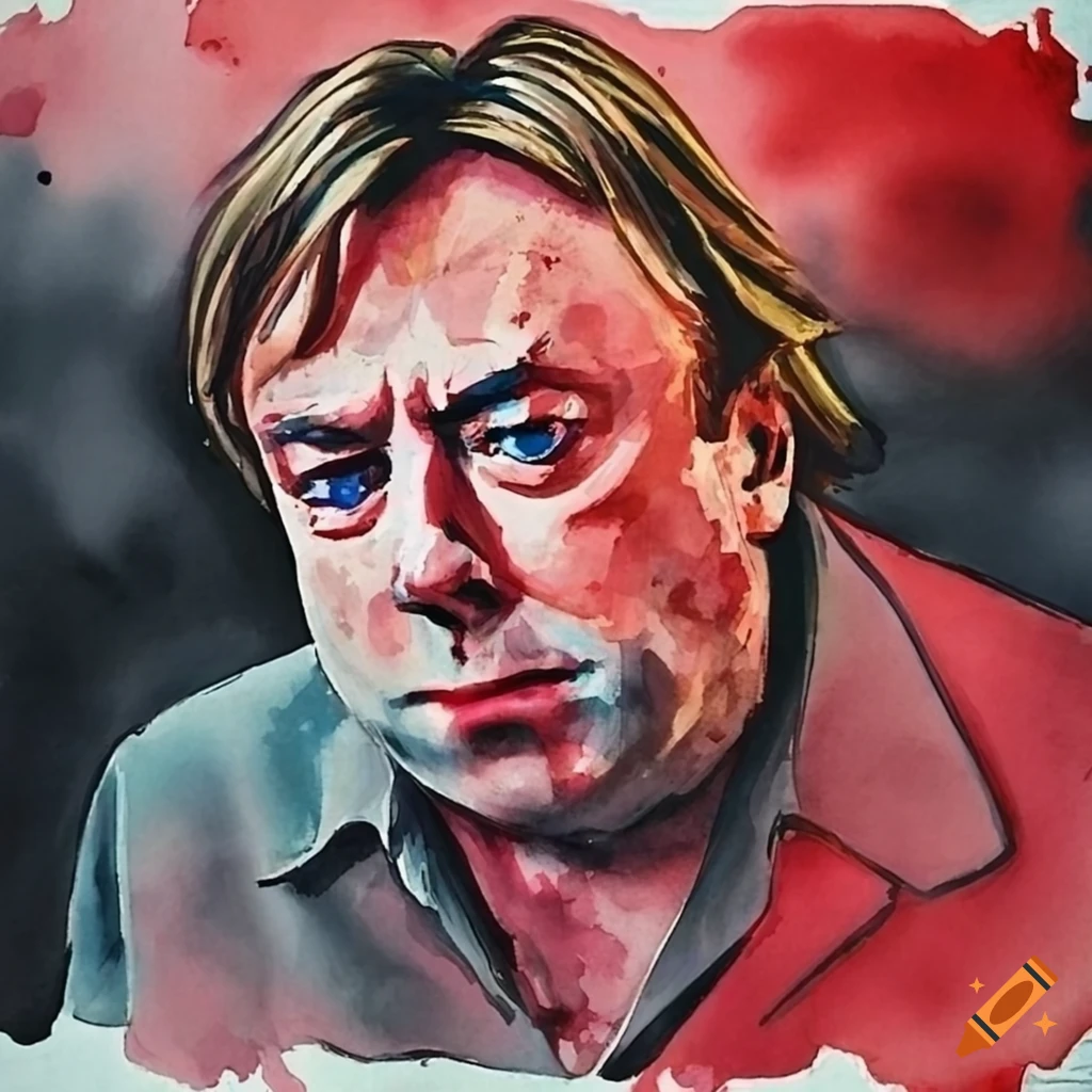 Stern portrait of Christopher Hitchens in red and black watercolor on ...