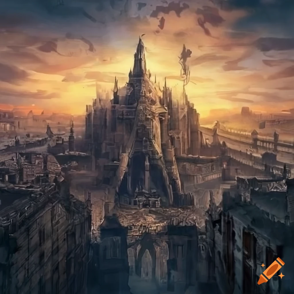 Aerial view of a giant capital city in a medieval fantasy setting on ...