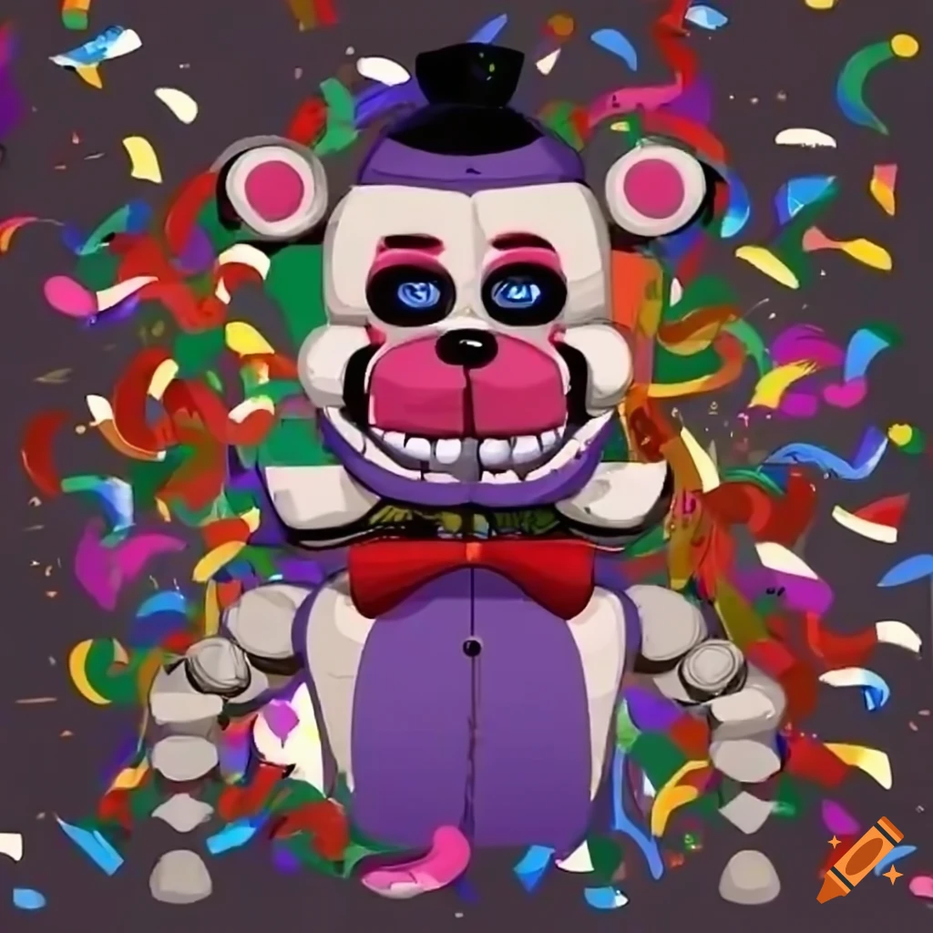 Festive fnaf puppet cartoon scene with colorful confetti on Craiyon