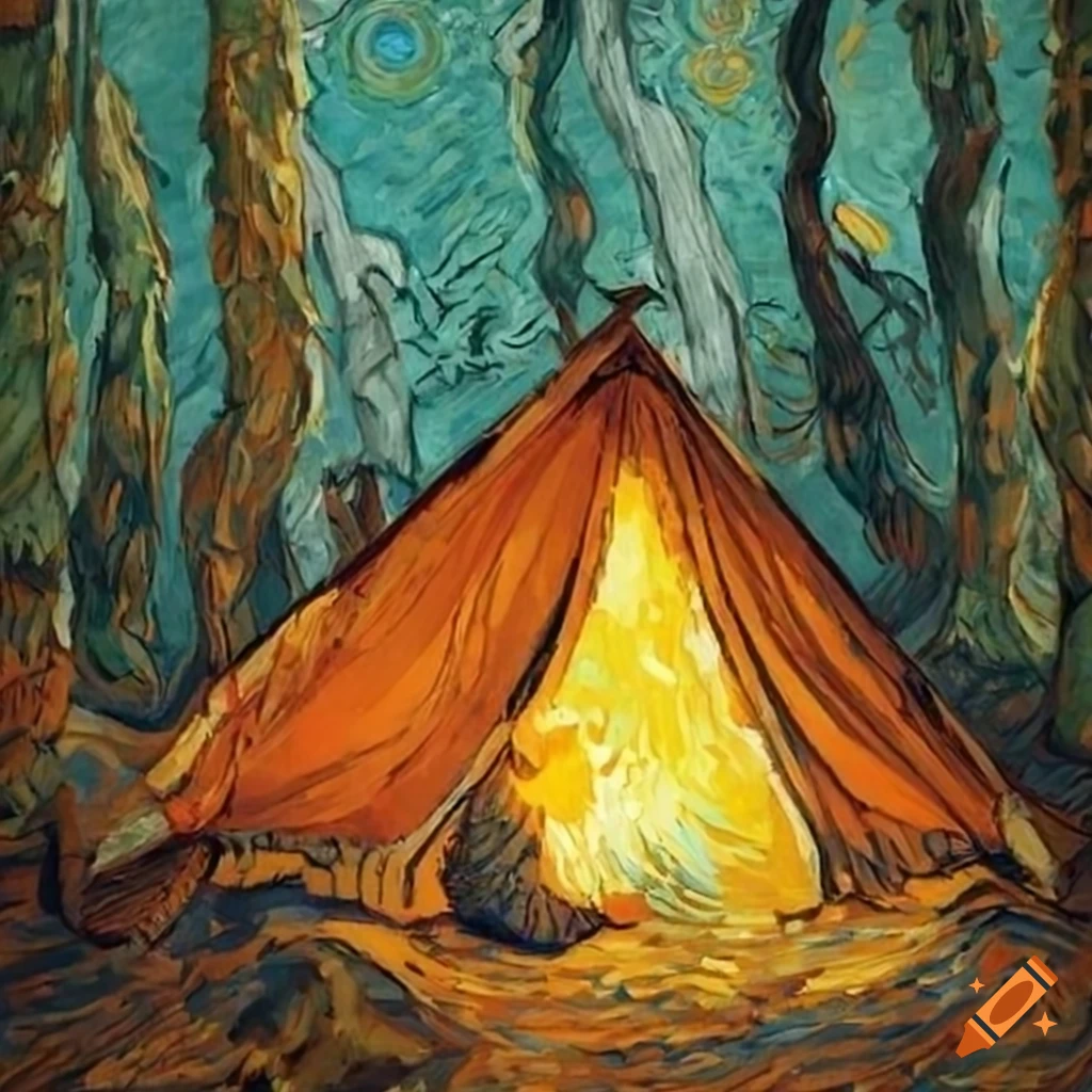 Tents in a forest with a warm fire in a van gogh style on Craiyon