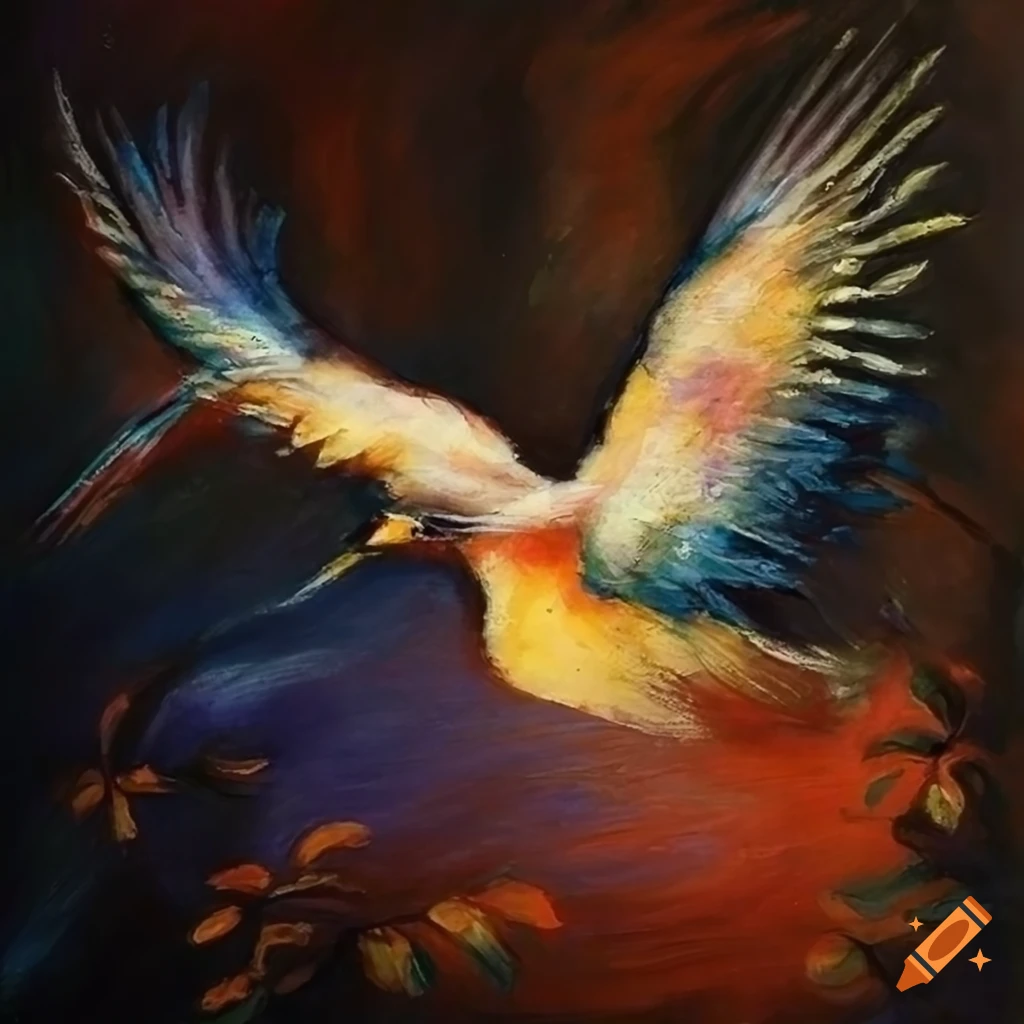 Oil pastel painting of birds, vines, and flowing water on Craiyon