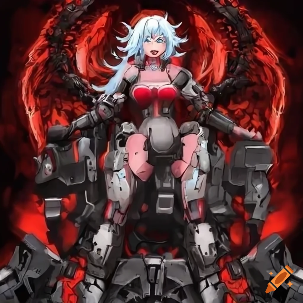 Red-skinned white-haired demon girl in mech attire on Craiyon